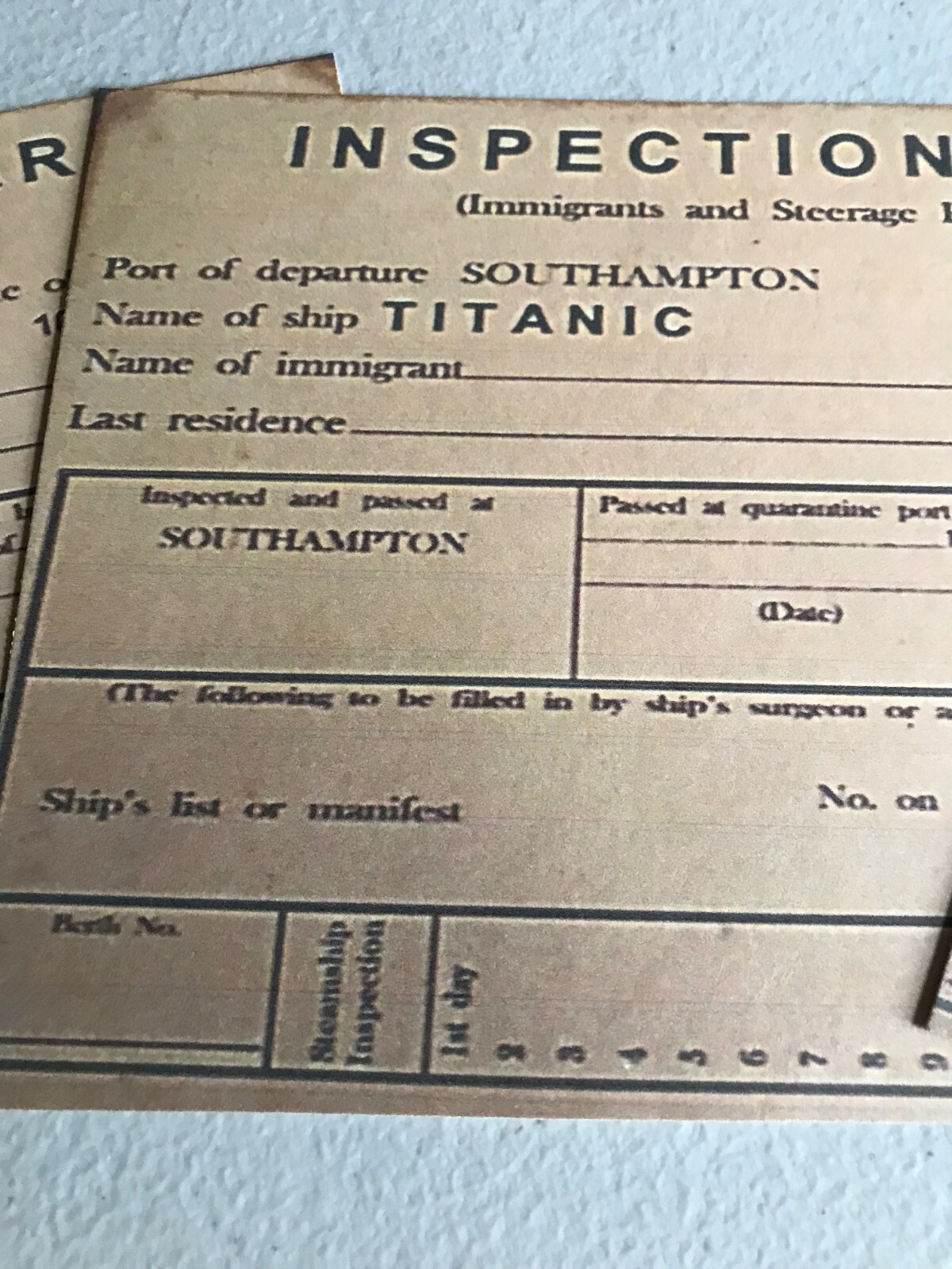 RMS TITANIC IMMIGRANT & STEERAGE PASSENGERS INSPECTION CARD APRIL 10 ...