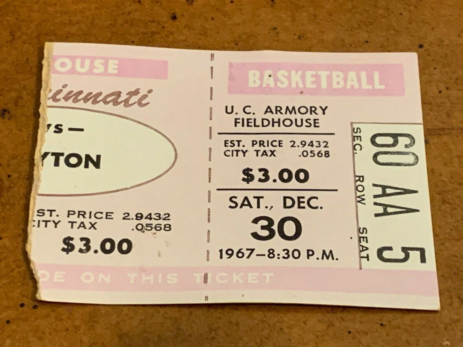 1967 Dayton Flyers v Cincinnati Bearcats Basketball Ticket Don May Rick ...