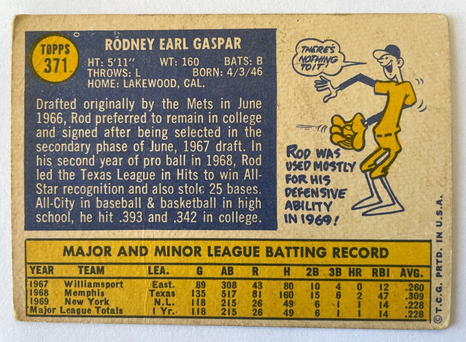 1970 Topps Card #371 Rod Gaspar New York Mets Outfield | eBay