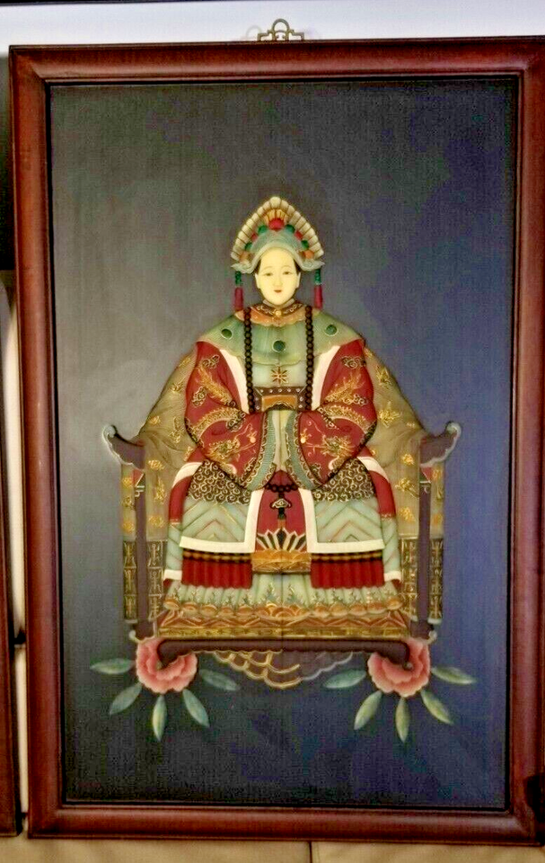Pair Large Chinese Carved Hardstone Relief Emperor & Empress Portraits ...