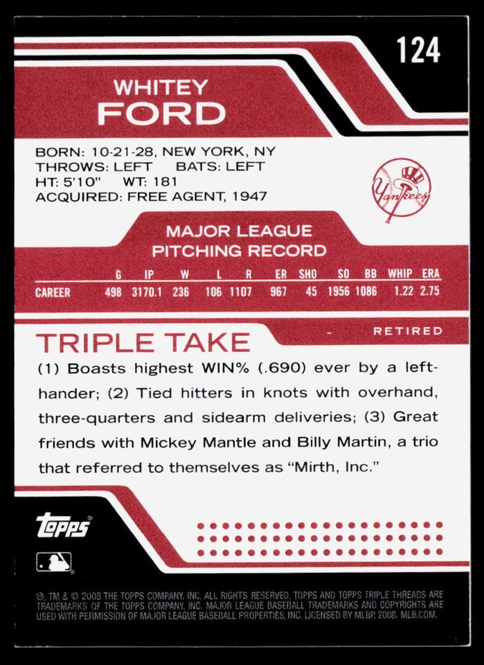 Whitey Ford 2008 Topps Triple Threads #124 | eBay