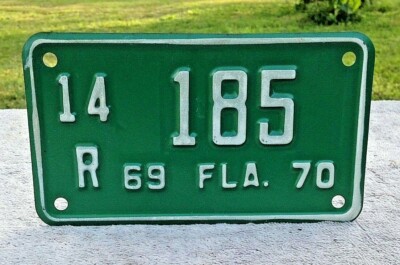 Florida MOTORCYCLE License Plate 1969 1970 Tag # 14 R 185 Marion County ...