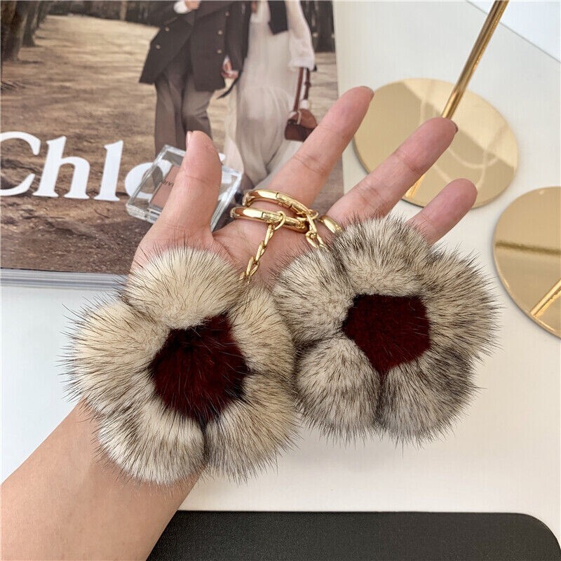 Cute Real Mink Fur Flower Keyring Pompom Ball Bag Charm Car ladies ...