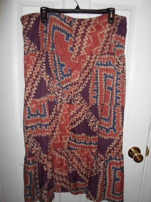 CHAPS ORANGE BURGUNDY TAUPE SOUTHWESTERN COTTON PEASANT BOHO SKIRT L XL ...