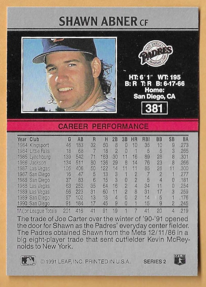 SHAWN ABNER SAN DIEGO PADRES #381 - LEAF NM-MT 1991 | eBay