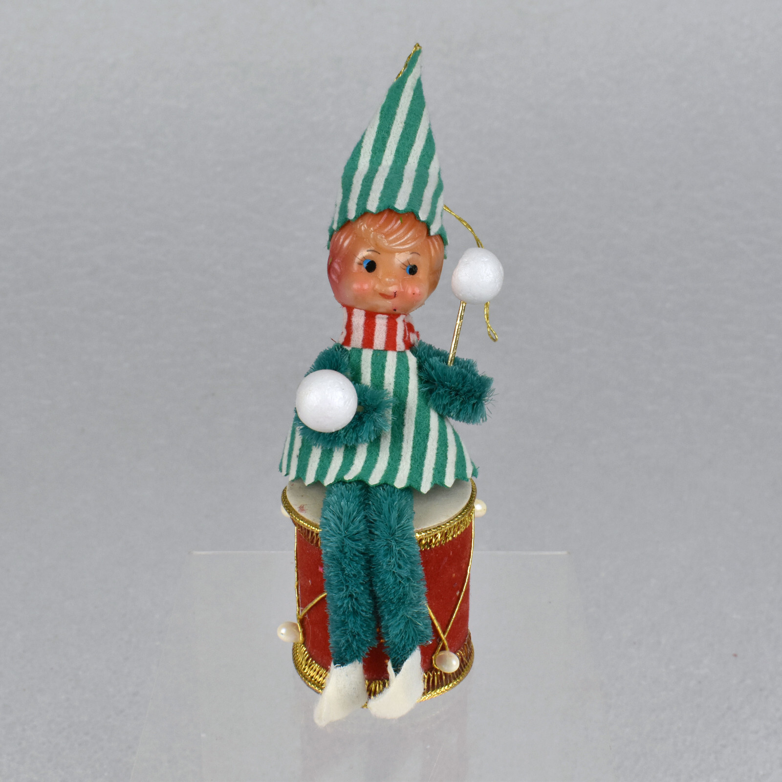 Vintage Pipe Cleaner Elf Sitting on Drum Christmas Tree Ornament Felt ...