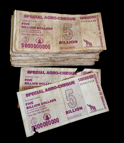 100 x Zimbabwe 5 Billion dollar agro cheque banknotes-DAMAGED / POOR ...