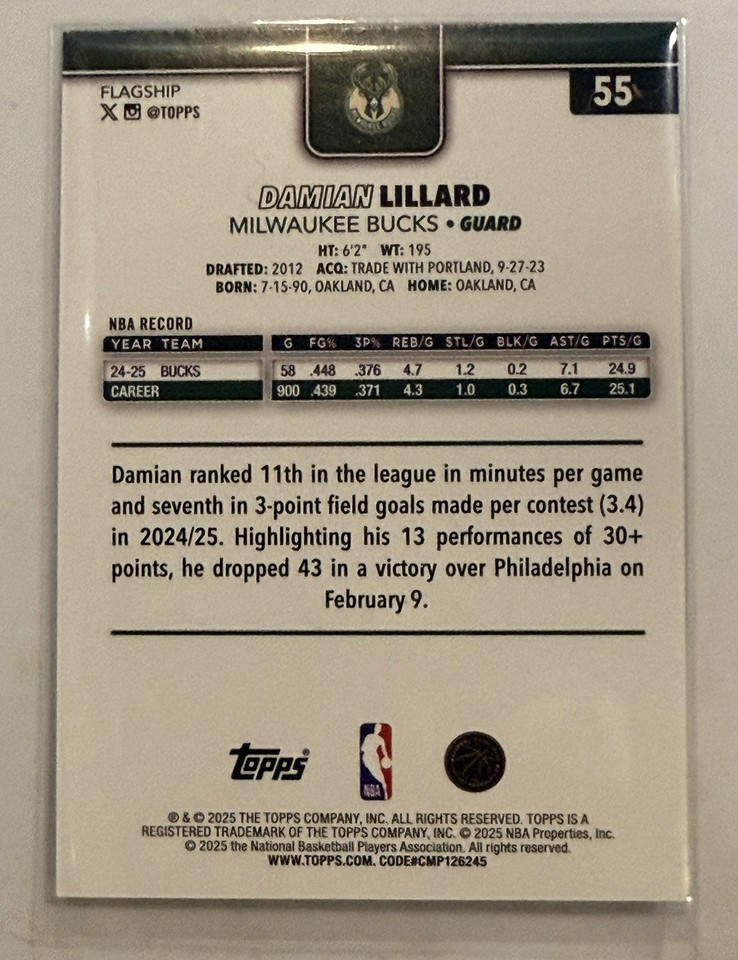 DAMIEN LILLARD 2025-26 Topps Basketball Team Color Logo Border SSP ...