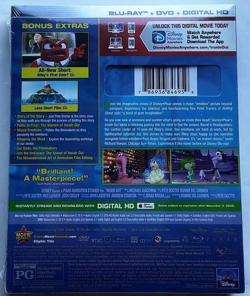 NEW DISNEY PIXAR INSIDE OUT BLU RAY + DVD 2 DISC BEST BUY EXCLUSIVE ...