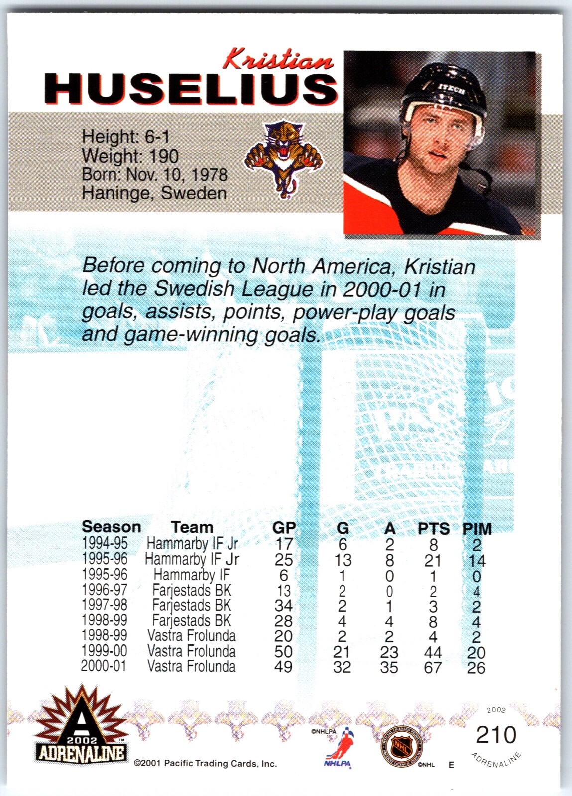 01-02 PACIFIC ADRENALINE - KRISTIAN HUSELIUS RC /984 #210 FLORIDA ...