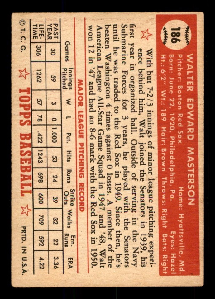 1952 Topps Baseball #186 Walt Masterson VG/EX *j2 | eBay
