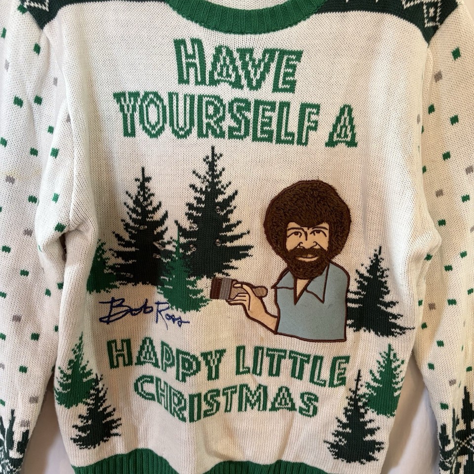 Spencers Bob Ross Ugly Sweater Men L White Happy Little Christmas ...