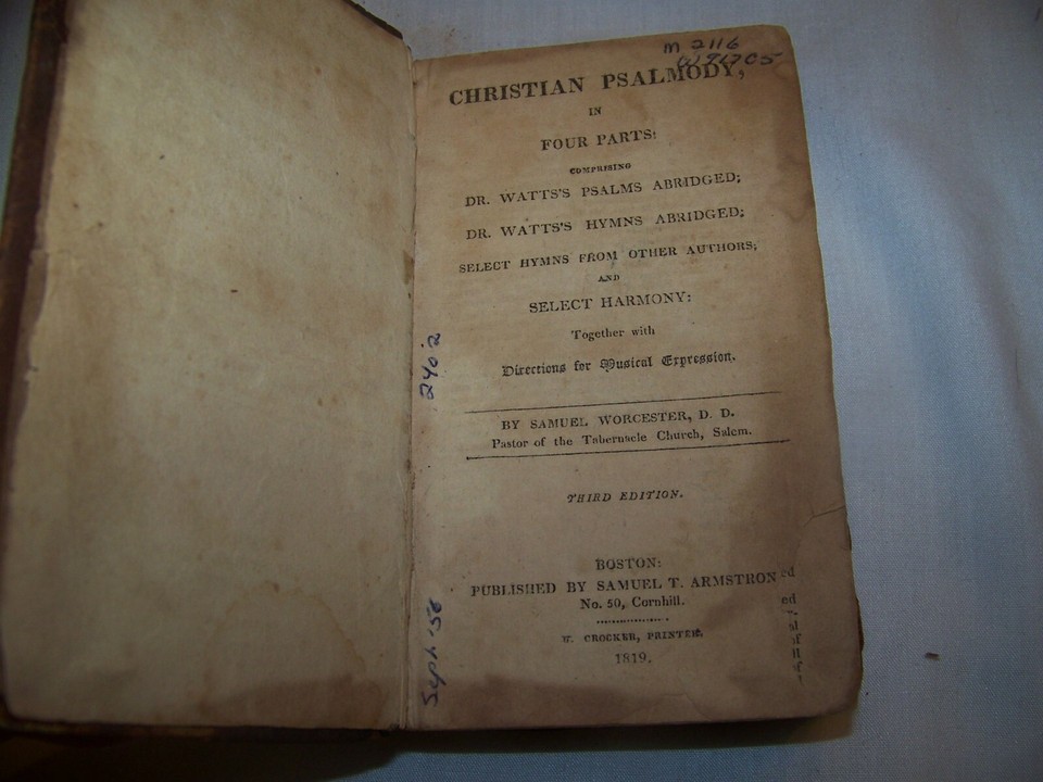 1819 Samuel Worcester Christian Psalmody Dr Watts Psalm Antique Bible ...