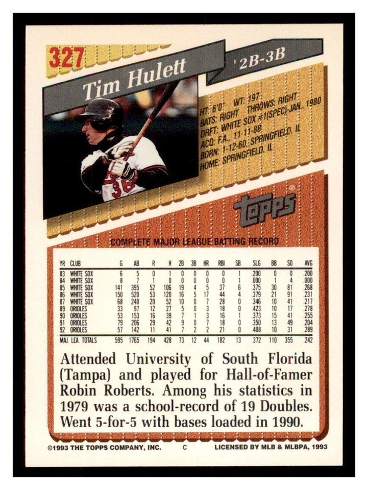 1993 Topps #327 TIM HULETT Baltimore Orioles | eBay