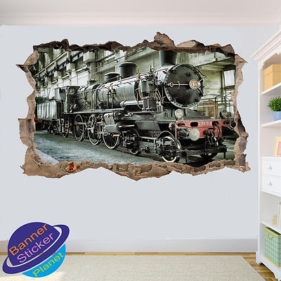 STEAM TRAIN LOCOMOTIVE ENGINE 3D SMASHED WALL STICKER ROOM DECOR DECAL ...