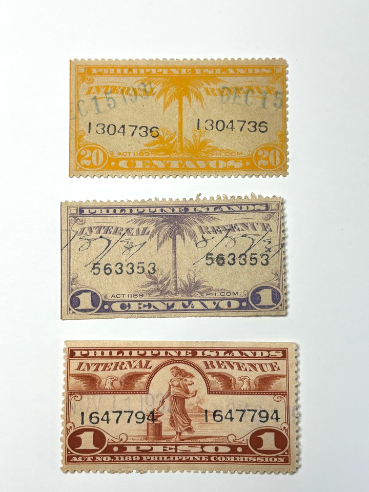Philippines Internal Revenue Stamps x 3 stamps, 1 centavo, 1 peso, 20 ...