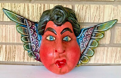Mexican Folk Art Carved Wood Angel Cacheton Bust Wall Hanging Colonial ...
