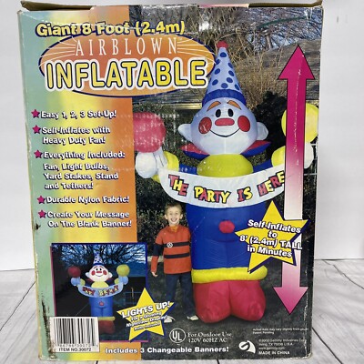 Vtg 8ft Inflatable Clown Kids BDAY Party #30072 Giant Gemmy Airblown w ...