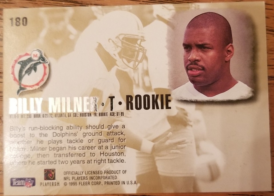 Billy Milner Miami Dolphins !995 Fleer Ultra Football Card #180 ROOKIE ...