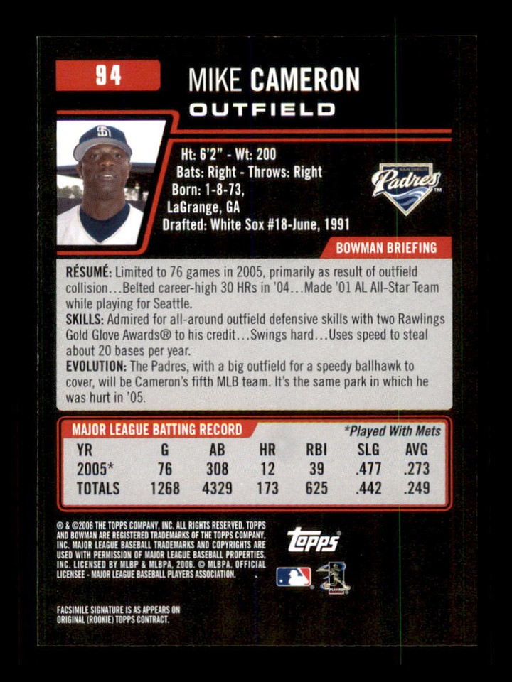 2006 Baseball Bowman Mike Cameron San Diego Padres #94 | eBay