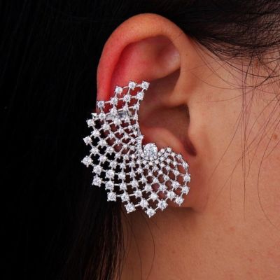White Round Shaped Stone Ear Cuffs Studs Women Earrings In 925 Sterling ...