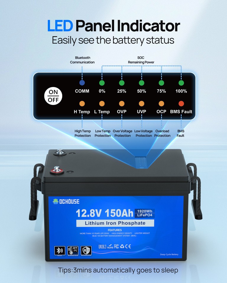12V 150Ah LiFePO4 Battery Bluetooth with SOC Status Indicators Trolling ...