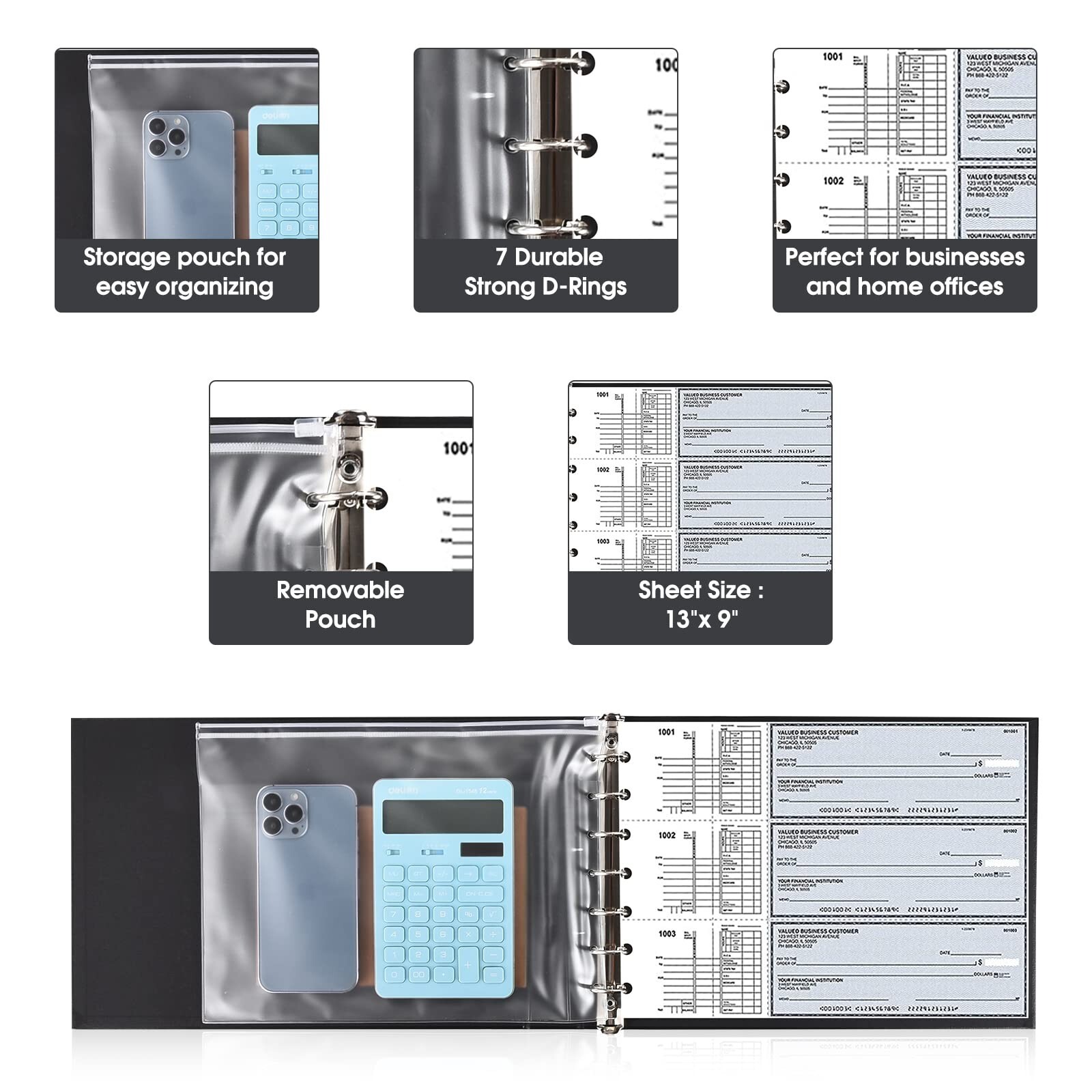 7 Ring Check Binder, 3-On-A-Page Business Checkbook Holder, 500 Checks ...