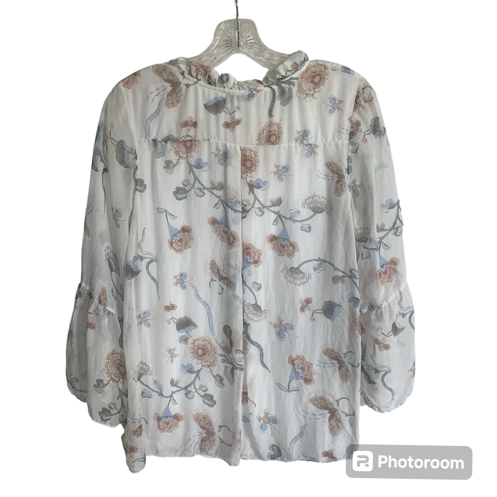 Angela Moda Italy Womens Size S Silk White Blue Gray Pink Floral Print ...