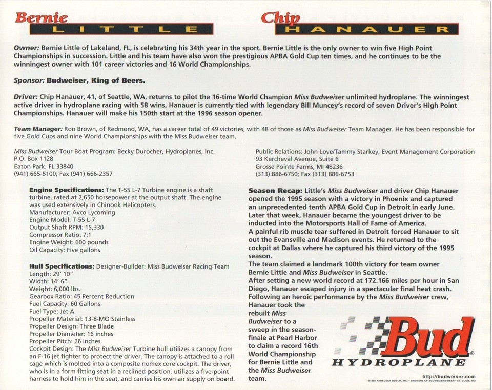 Miss Budweiser Hydroplane Racing Bernie Little Chip Hanauer 100th ...