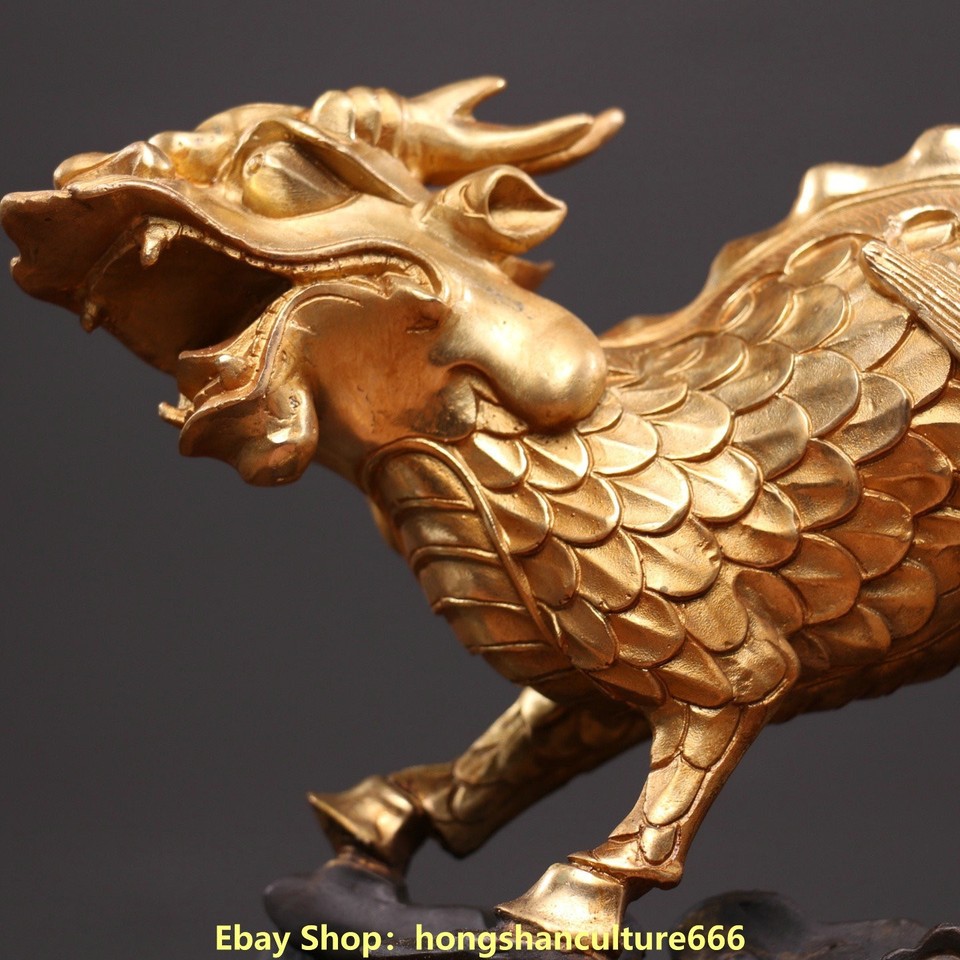 10"old chinese dynasty pure bronze gilt Fengshui lucky Kylin Qilin ...