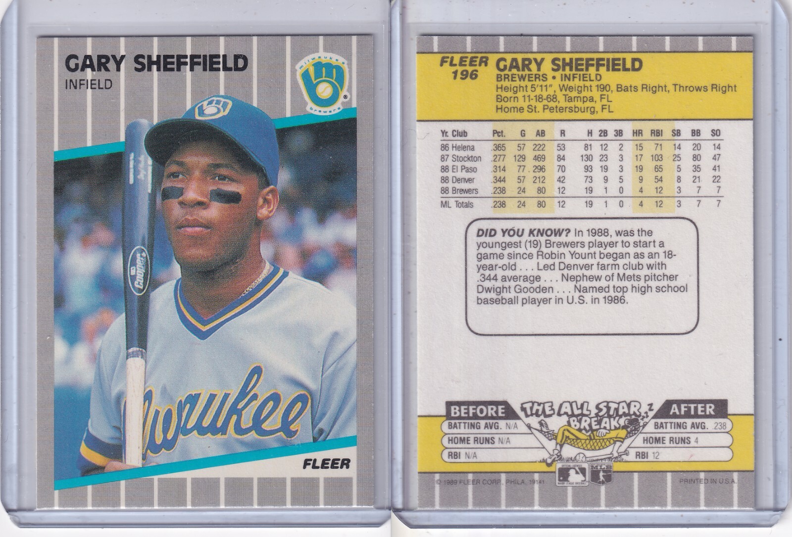 1989 Fleer Baseball Card # 196 Gary Sheffield Rookie Milwaukee Brewers NM+ | eBay