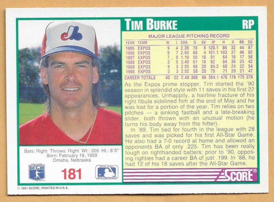TIM BURKE MONTREAL EXPOS #181 - SCORE NM-MT 1991 | eBay