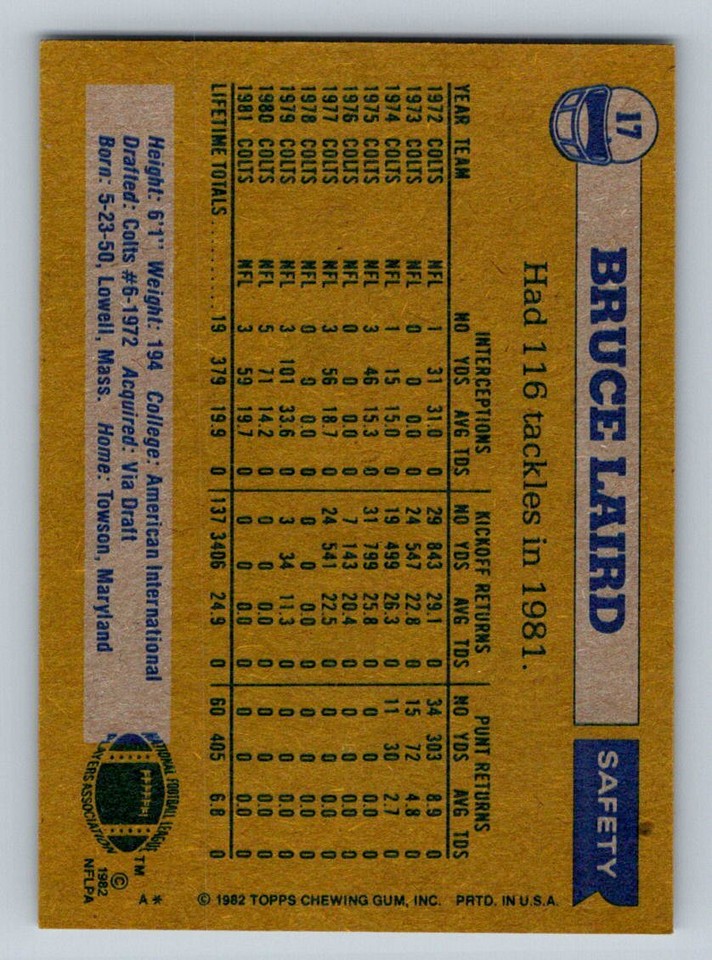 Bruce Laird #17 1982 Topps Baltimore Colts | eBay