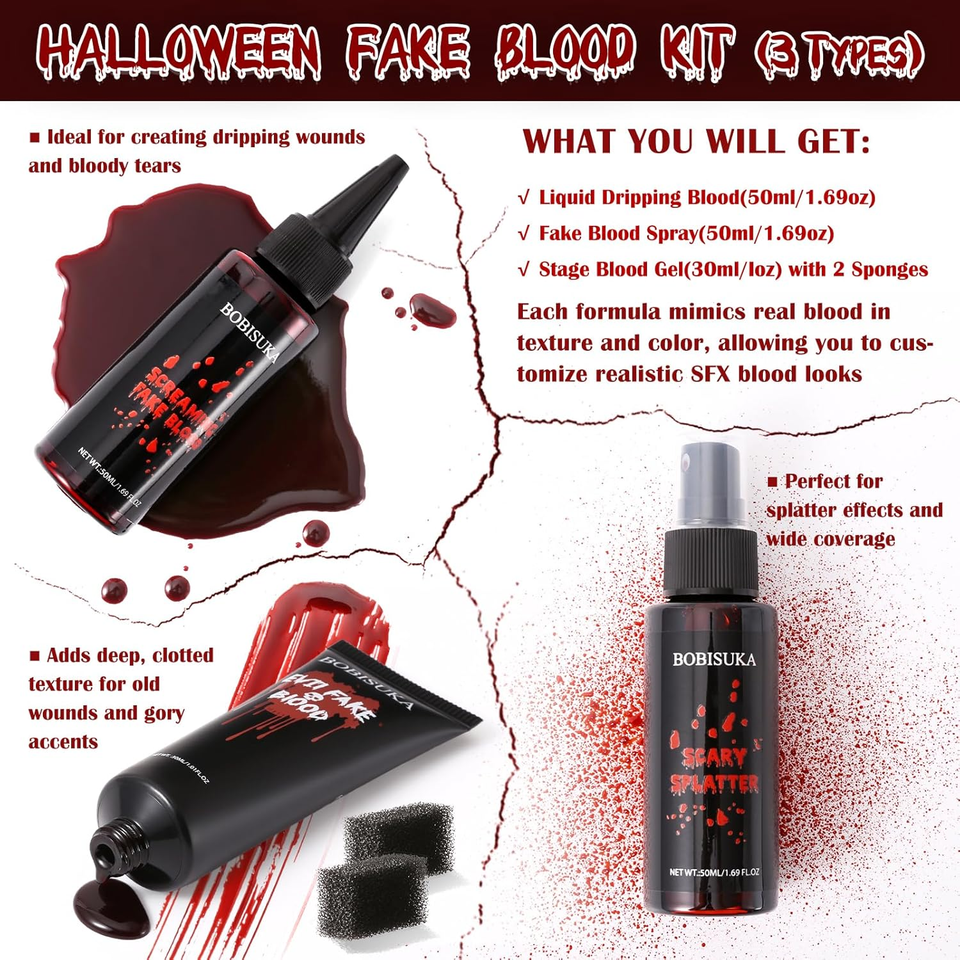 Halloween Fake Blood Kit, 1.76Oz Blood Spray + 1.76Oz Dripping Blood ...