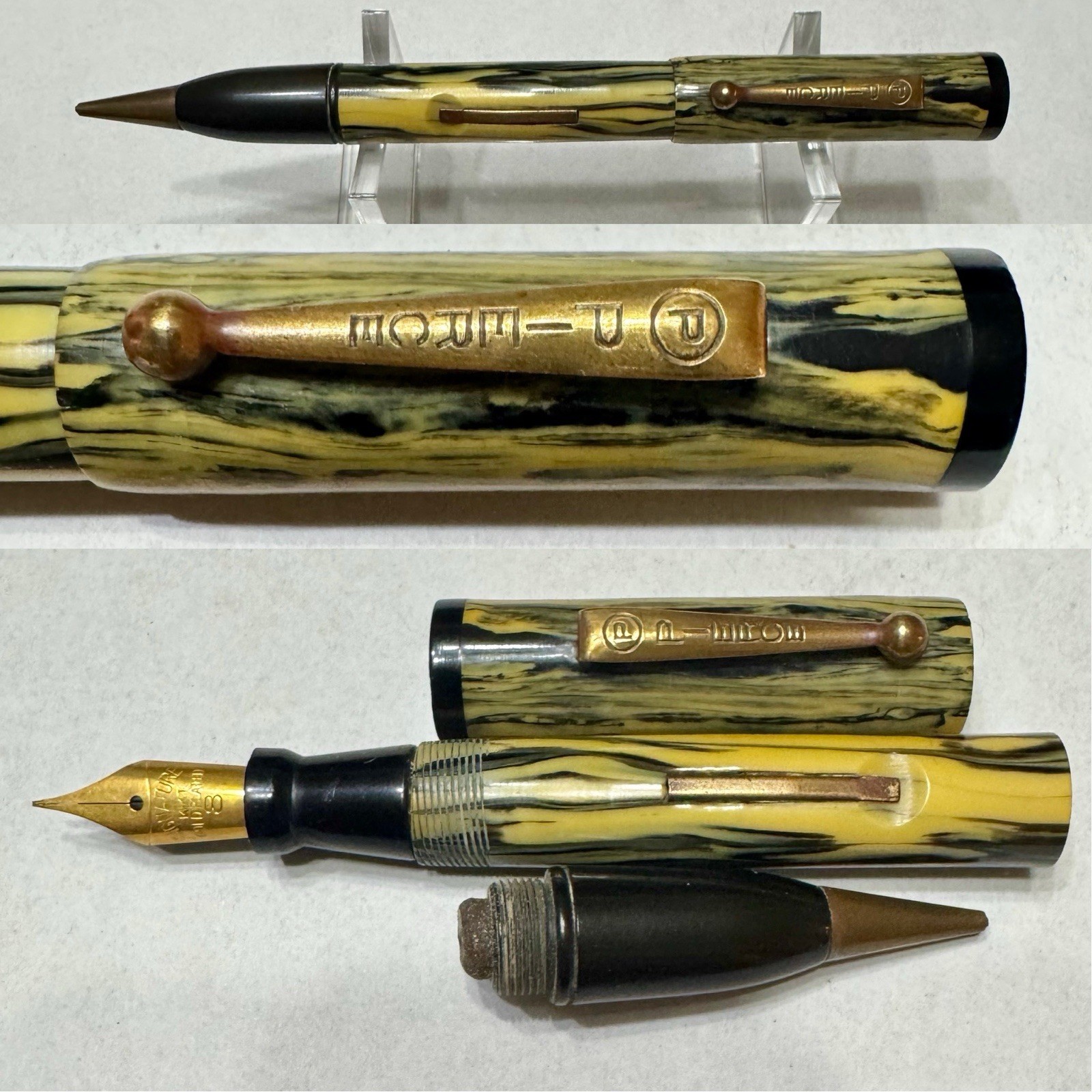 Vintage Pierce Fountain Pen & Pencil Combo-Black Yellow Streaks ...