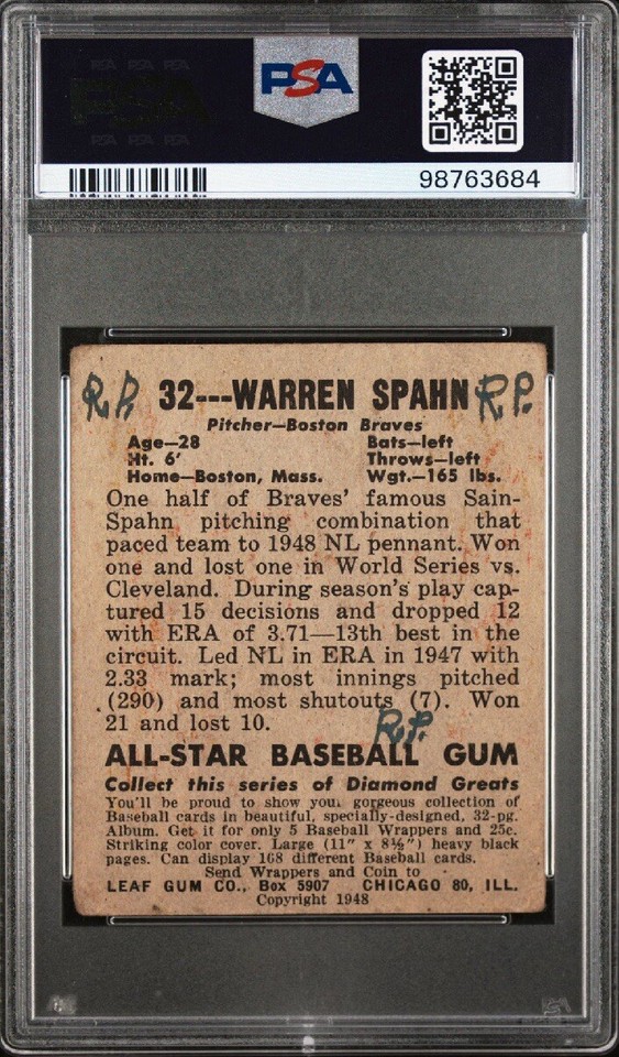 Warren Spahn, Rookie Card, 1948 Leaf #32, HOF - PSA 2(MK) Good | eBay