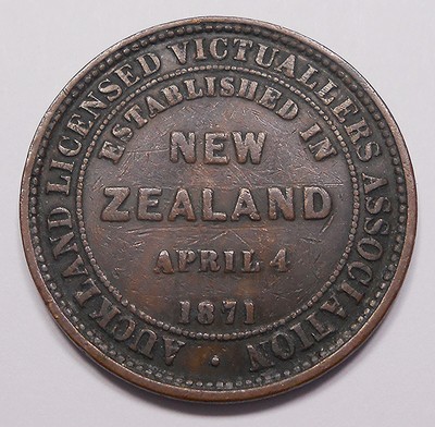 New Zealand 1874 Auckland Licensed Victuallers Penny Token F-VF KM-Tn6 ...