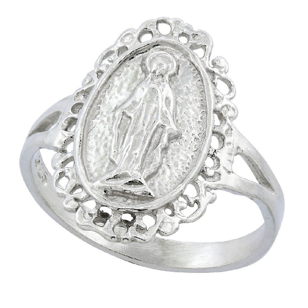 Sterling Silver High Polished Finish Virgin Mary Miraculous Medal Ring ...