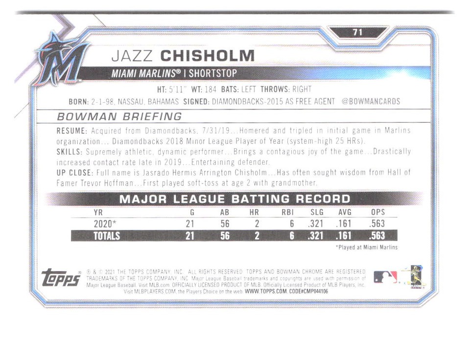 2021 Bowman #71 Jazz Chisholm | eBay