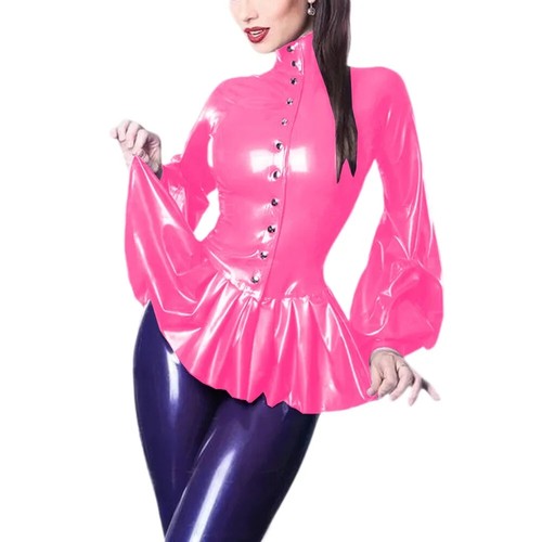 Glossy PVC Blouse for Women Ruffles Hem Shirts Faux Latex Full Sleeve ...