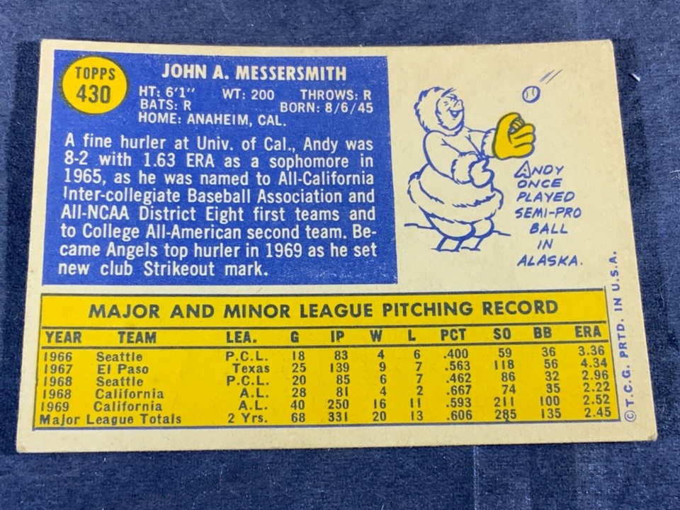 A5-54 BASEBALL CARD - JOHN MESSERSMITH CALIFORNIA ANGELS - 1970 TOPPS ...