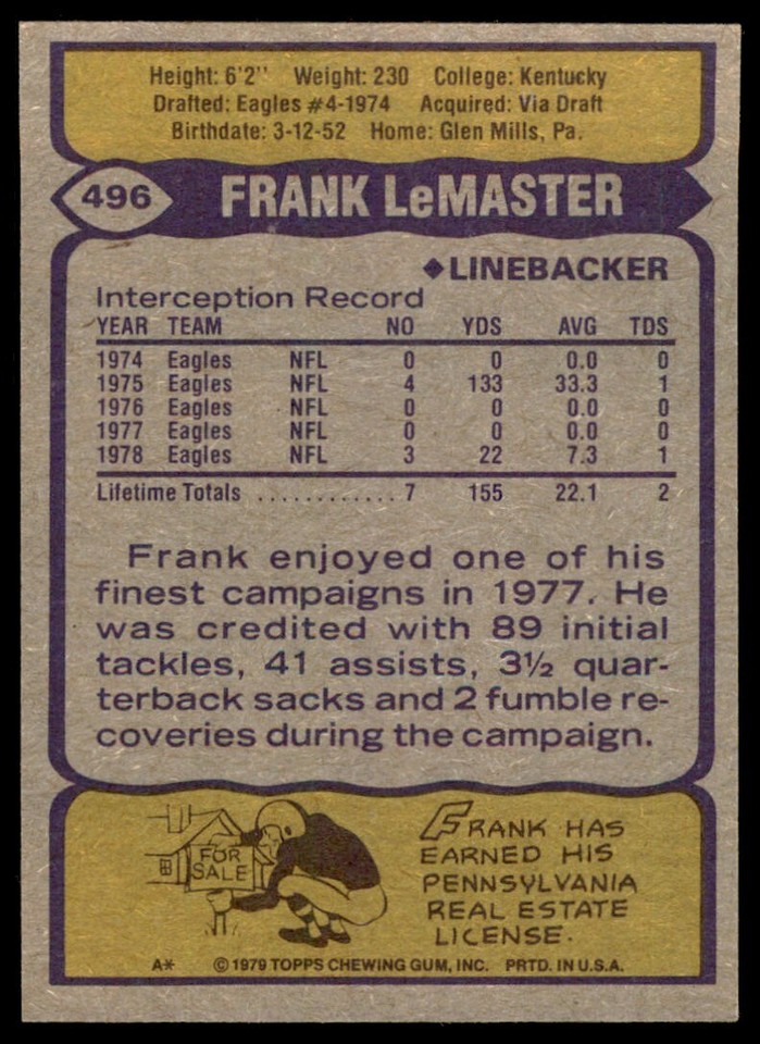 1979 TOPPS FRANK LEMASTER . PHILADELPHIA EAGLES #496 | eBay