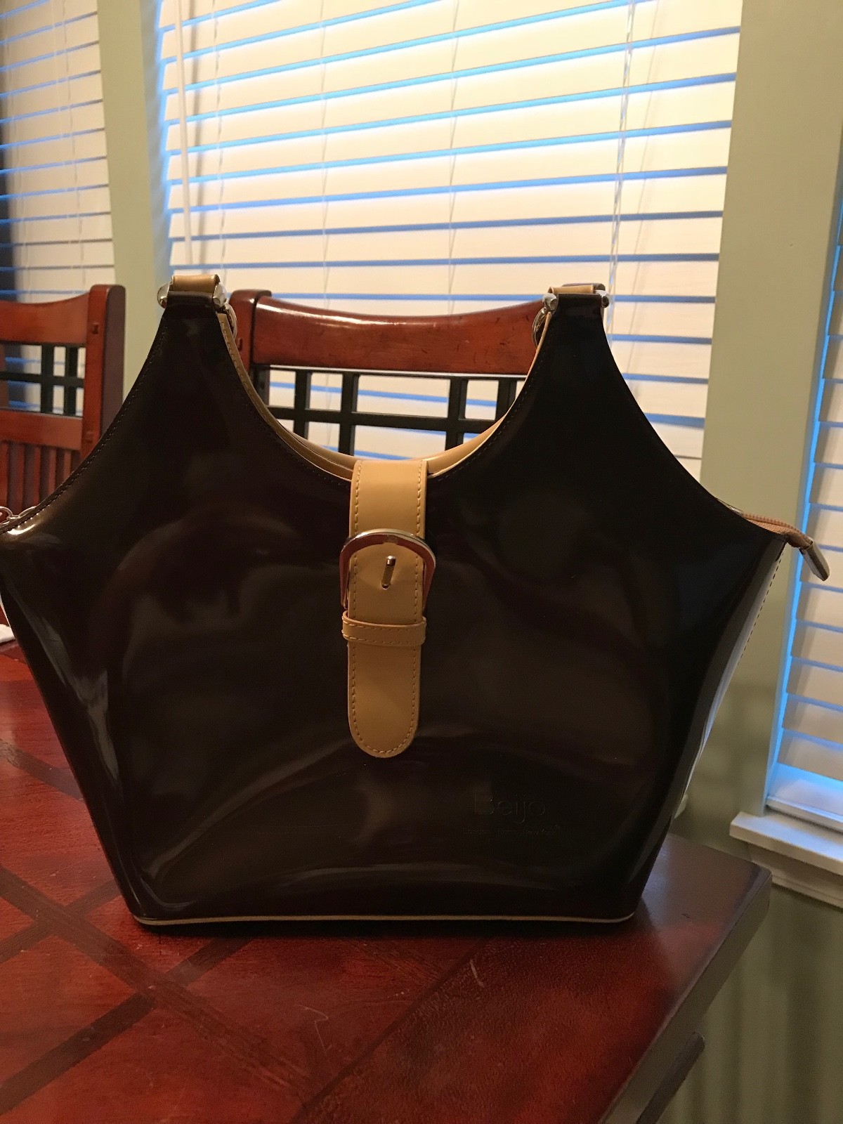 BEIJO Shiny Chocolate Brown, Tan Trim Dual-Handle Shoulder Bag Medium ...