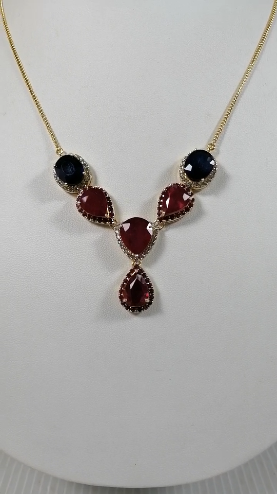 925 STERLING SILVER NATURAL RED RUBY, BLUE SAPPHIRE & CZ NECKLACE 19-20 ...