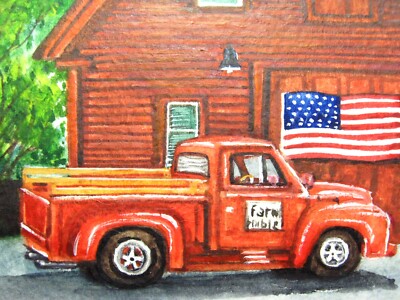 Watercolor Painting Farm Barn Old Red Vintage Retro Truck US Flag ACEO ...