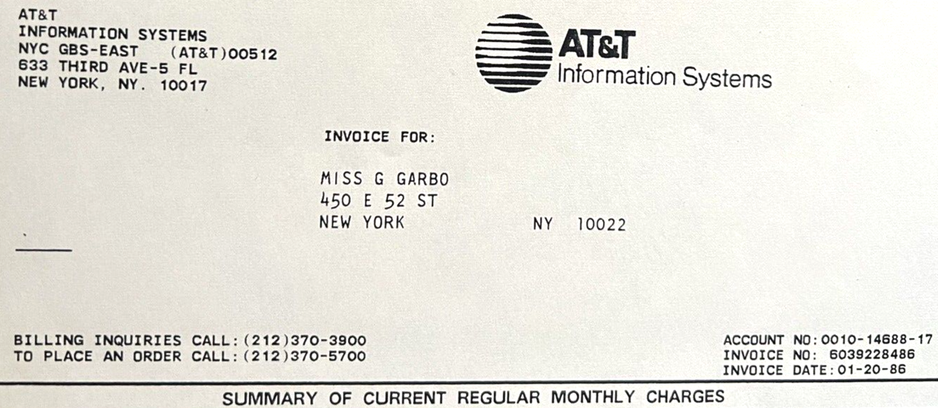 MISS G (GRETA) GARBO'S RARE ORIG. 1986 AT&T PHONE BILL PAGE W/ORIG ...