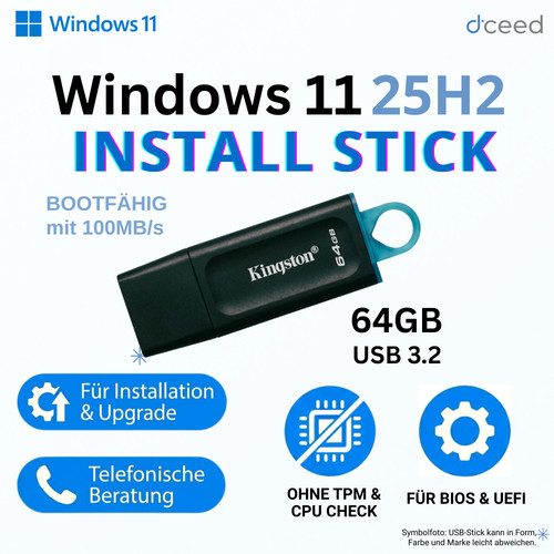Windows 11 25H2 Installationsstick 64GB USB 3.2 Kingston Boot ohne TPM UEFI&BIOS | eBay.de