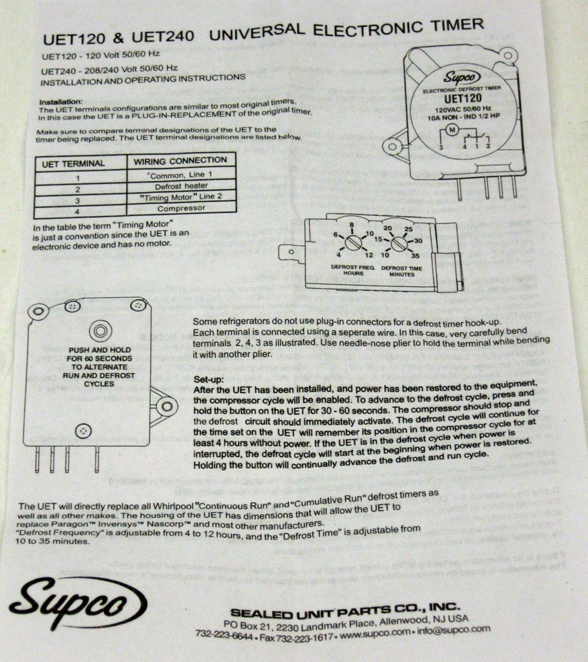 UET120 SUPCO Refrigerator Defrost Timer Control Universal 120 Volt ...