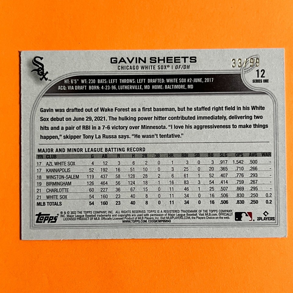 Gavin Sheets RC 2022 Topps 12 | Vintage Stock 33/99 | Chicago White Sox ...