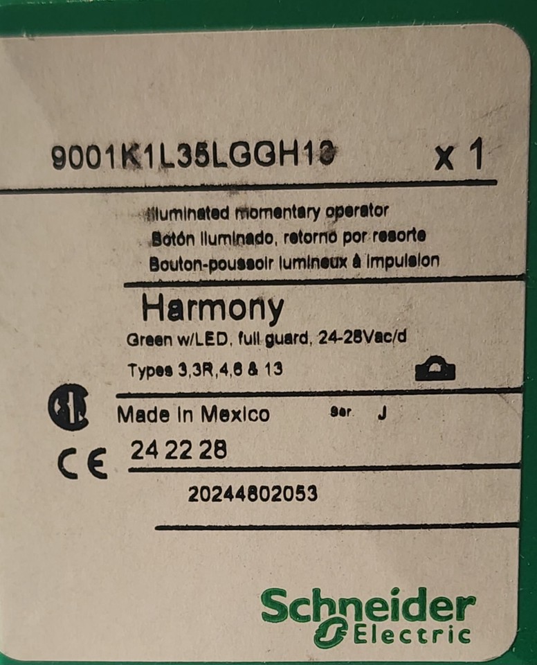 Schneider Electric 9001K1L35LGGH13 - Green Push Button 600VAC 10A 30MM ...